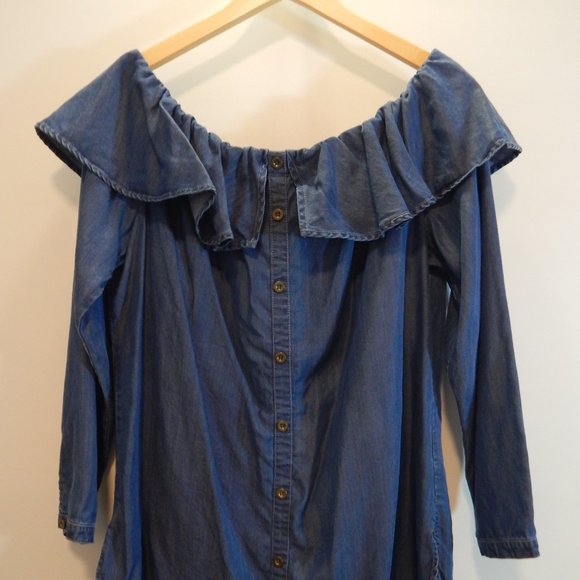 Simply Be | Tops | Simply Be Denim Blue Chambray Ruffle Off Shoulder ...